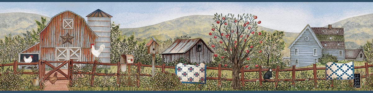 Clarksville Blue Farm Border Wallpaper with Country Farm Scene - Chesa ...