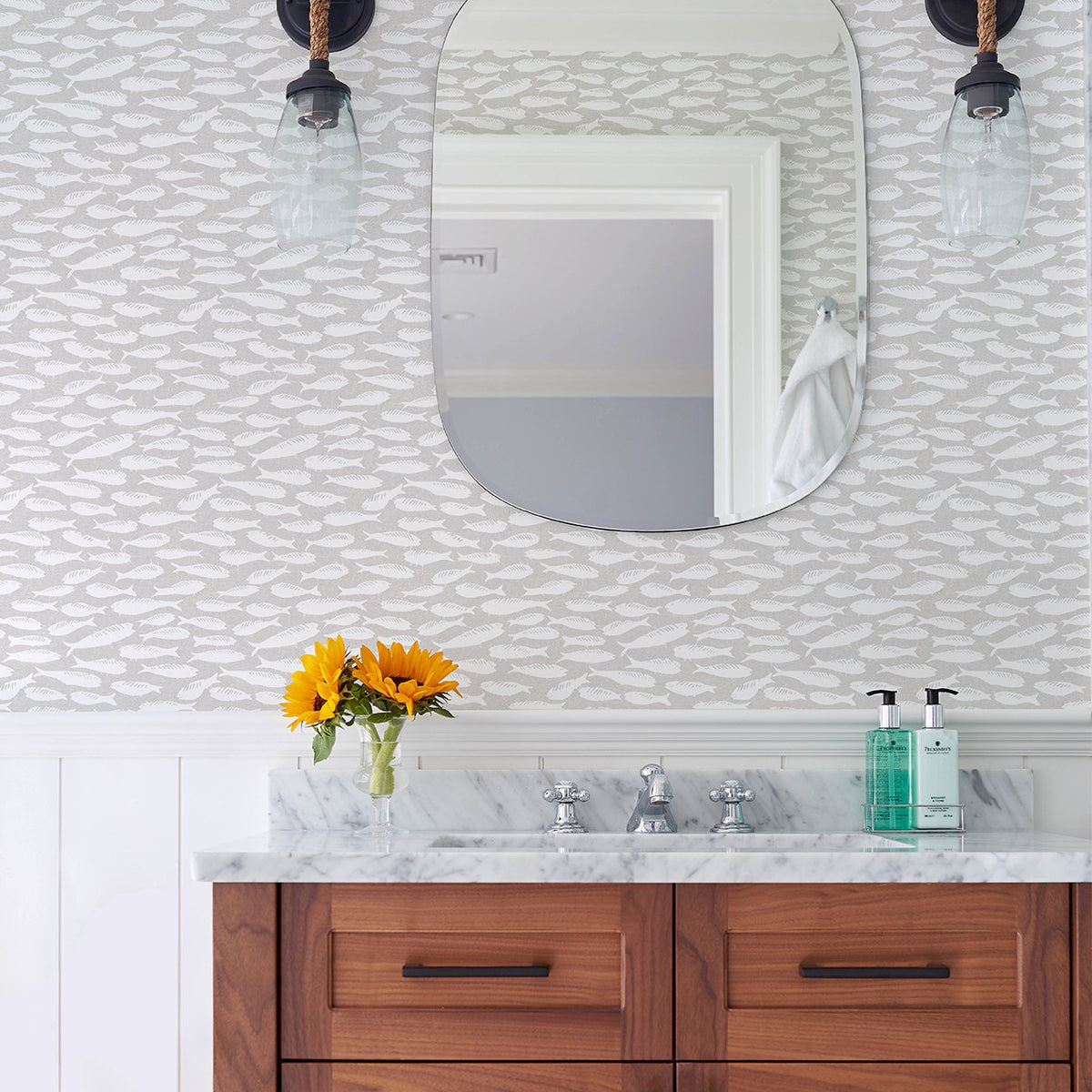 Nunkie Light Grey Sardine Wallpaper with Coastal Fish Pattern - Chesap ...