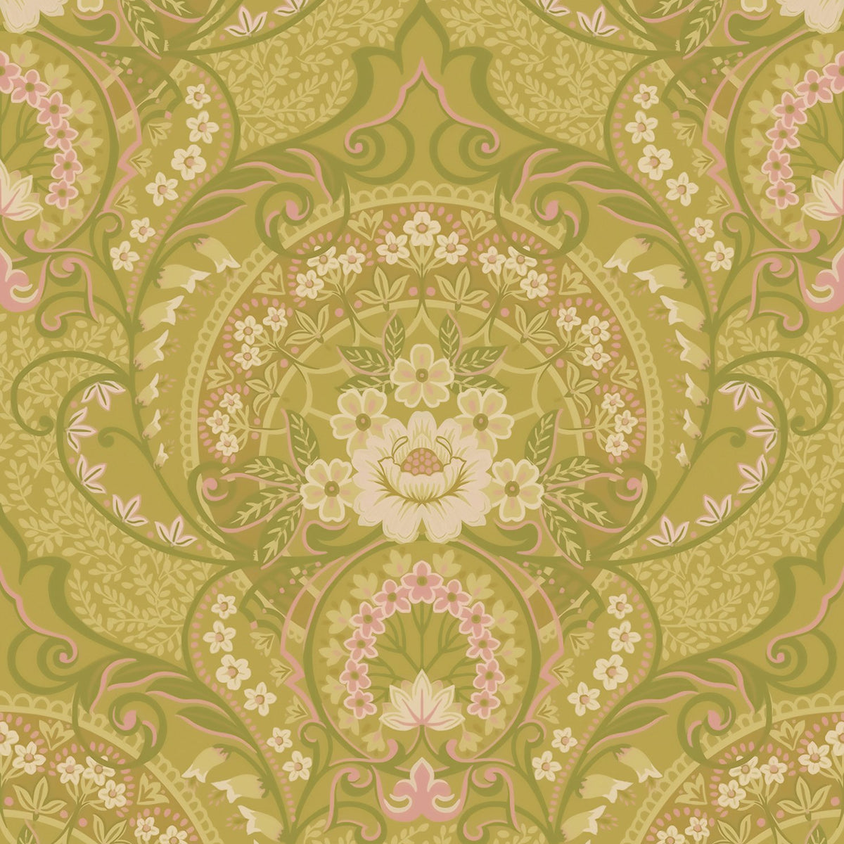 Nasrin Chartreuse Damask Wallpaper – Wallpaper Warehouse
