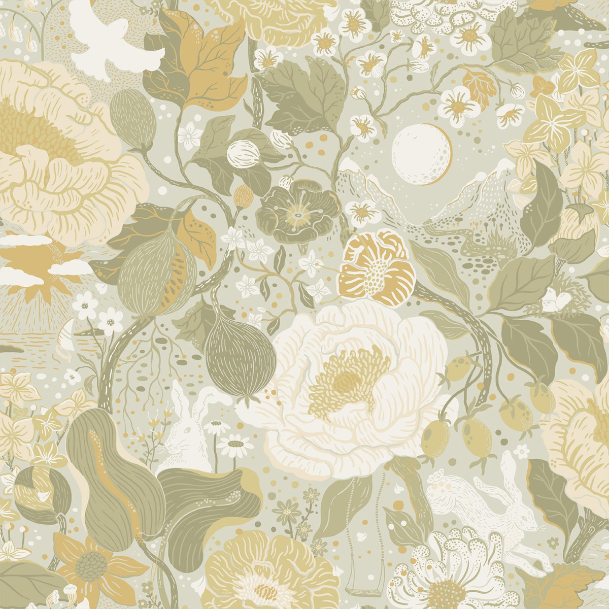 Växa Grey Rabbits & Rosehips Wallpaper with Whimsical Botanical Motif ...