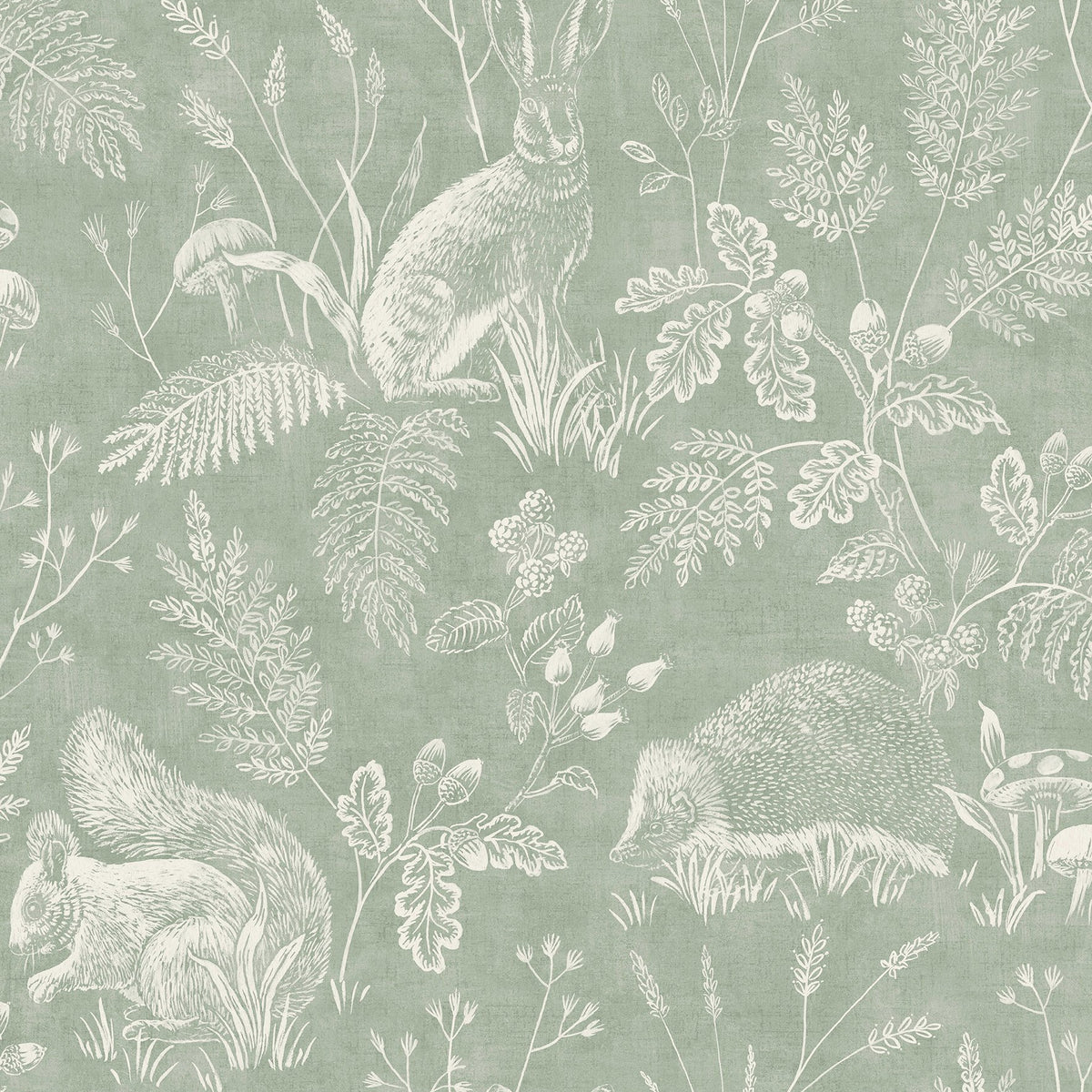 Woodland Green Toile Wallpaper with Whimsical Animals Pattern - Advant ...