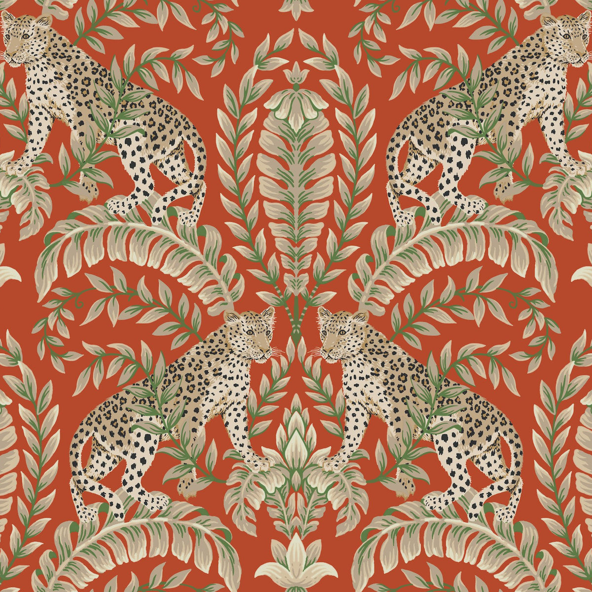 Jungle Leopard Orange Wallpaper with Exotic Leopards and Acanthus Dama ...