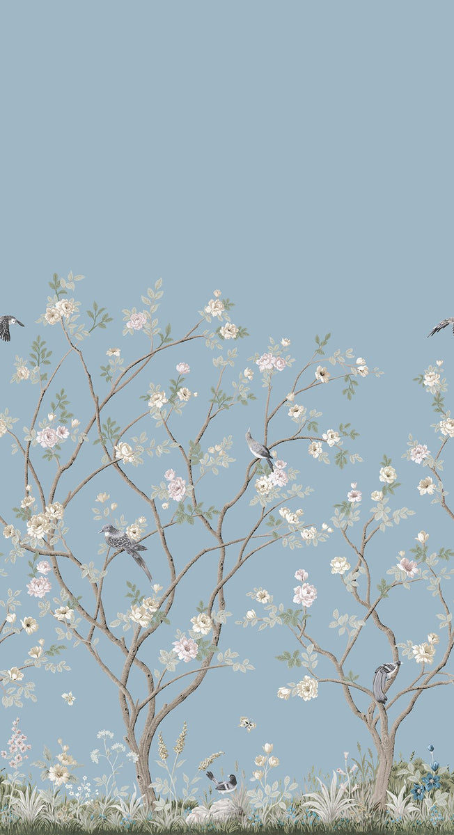Lingering Garden Sky Blue Wallpaper Mural with Traditional Floral Bird ...